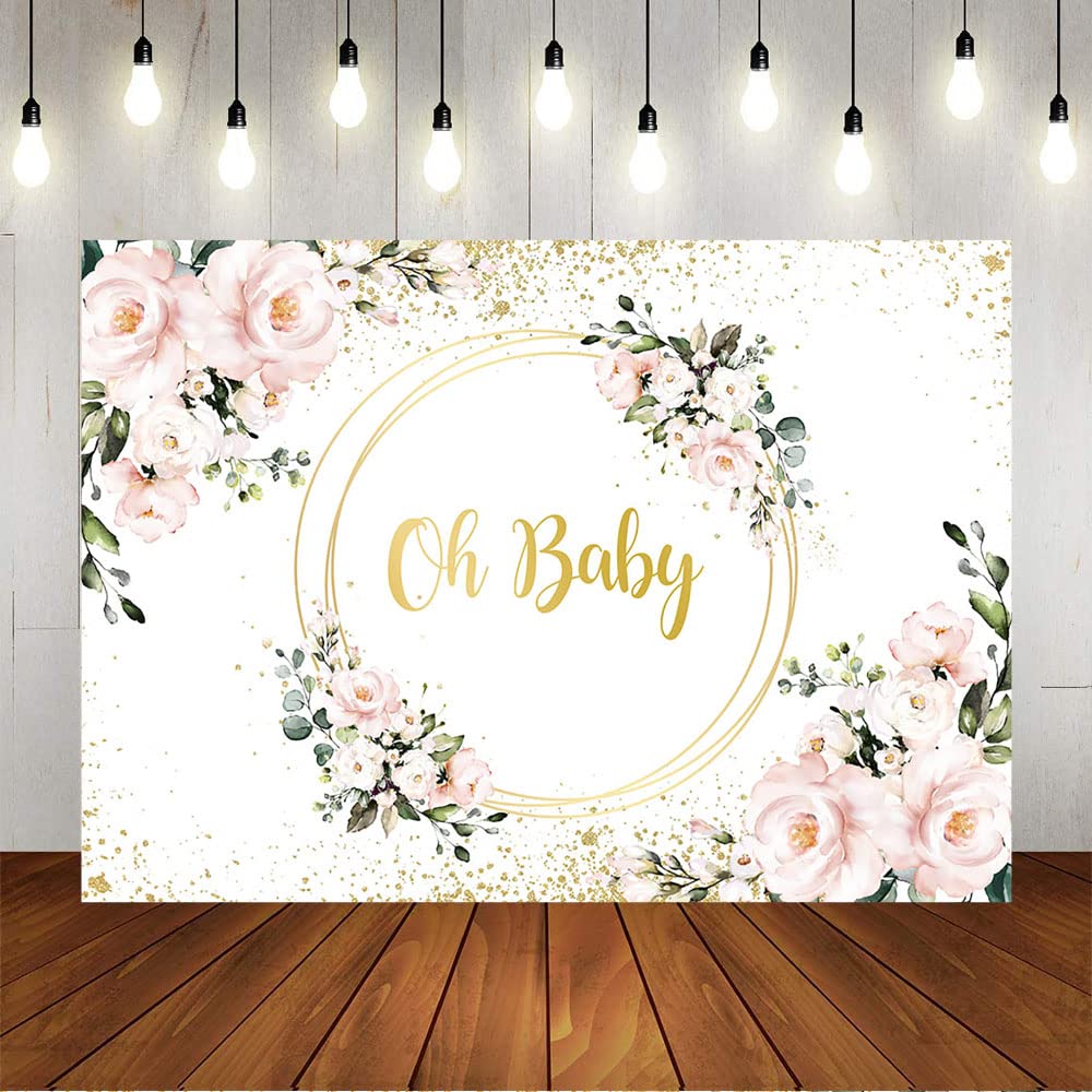 Avezano Blush Floral Baby Shower Backdrop Pink Flower Gold Dots Baby Shower Background Flowers Baby Shower Decorations for Girls (7x5)