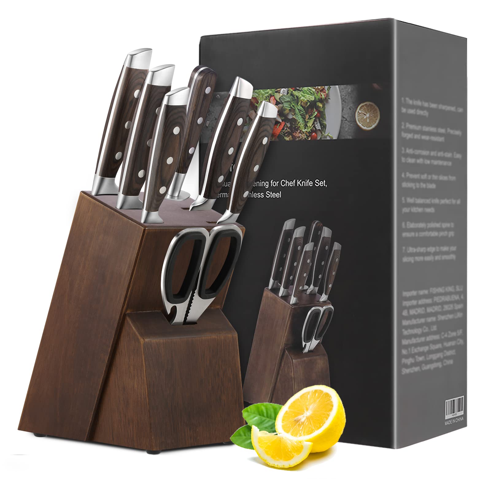 Enfmay Knife Set, 8 Pieces High Carbon Kitchen Knife Set with Block, Stainless Steel Chef Knife Set with Sharpener, Full Tang, Classical style