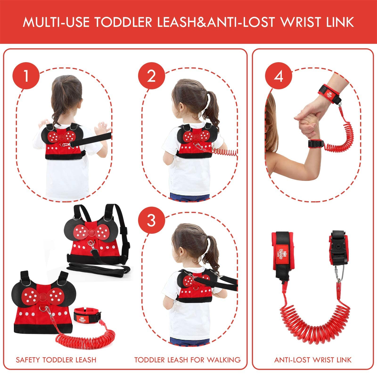 Lehoo Castle Toddlers Leash for Walking + Key Lock Design Anti Lost Wrist Link, 3 in 1 Baby Leash Kids Wrist Link for Toddlers, Safety Harness Belt Strap Wristband