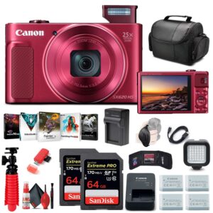 canon powershot sx620 hs digital camera (red) (1073c001) + 2 x 64gb memory card + 3 x nb13l battery + corel photo software + charger + card reader + led light + soft bag + more (renewed)