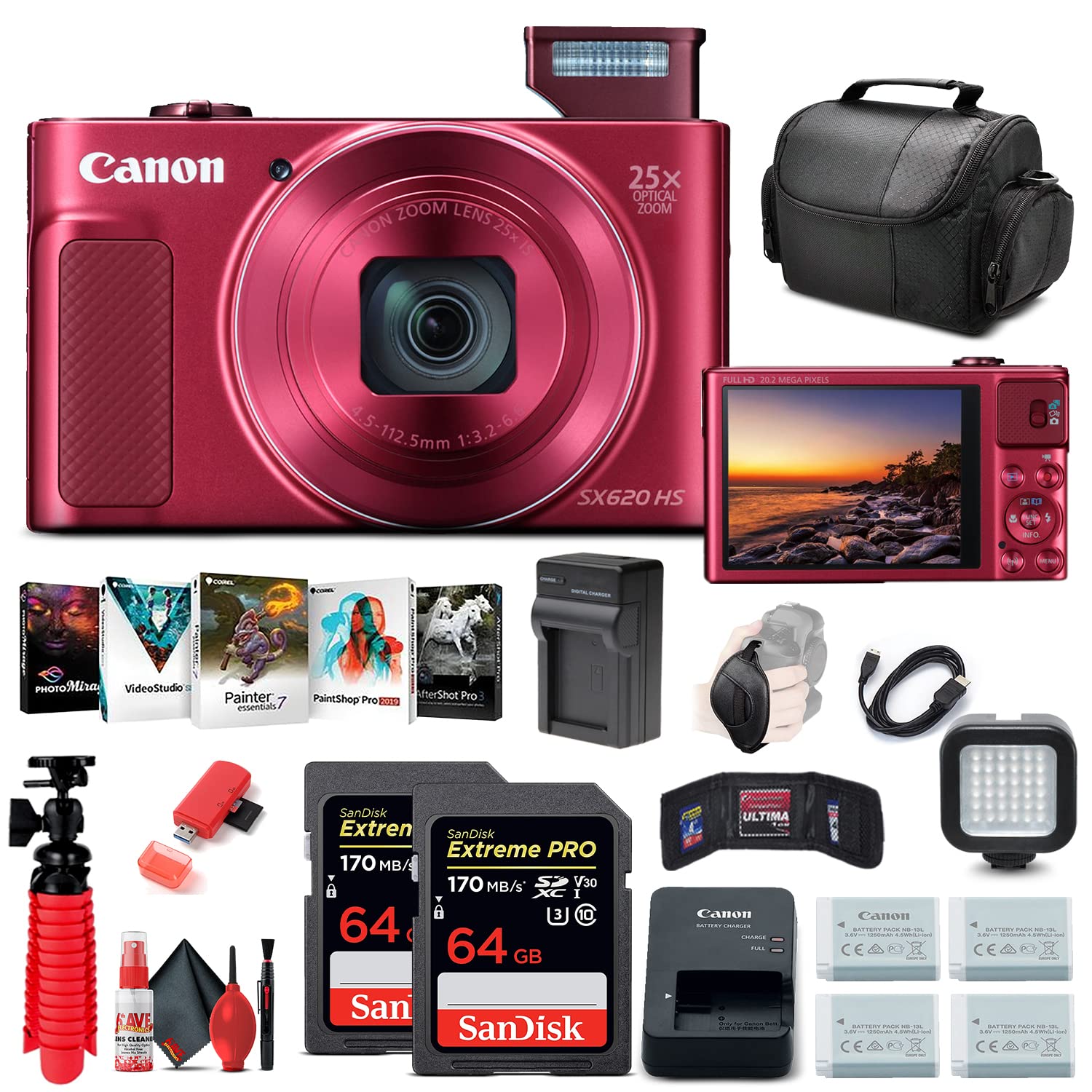 Canon PowerShot SX620 HS Digital Camera (Red) (1073C001) + 2 x 64GB Memory Card + 3 x NB13L Battery + Corel Photo Software + Charger + Card Reader + LED Light + Soft Bag + More (Renewed)