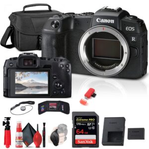 canon eos rp mirrorless digital camera (body only) (3380c002) + 64gb memory card + case + card reader + flex tripod + hand strap + cap keeper + memory wallet + cleaning kit (renewed)