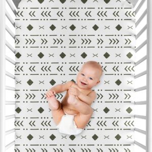 Sweet Jojo Designs White and Hunter Green Boho Tribal Mudcloth Boy or Girl Fitted Crib Sheet Baby or Toddler Bed Nursery - Woodland Bohemian Southwest Geometric Arrow Gender Neutral Aztec Mud Cloth