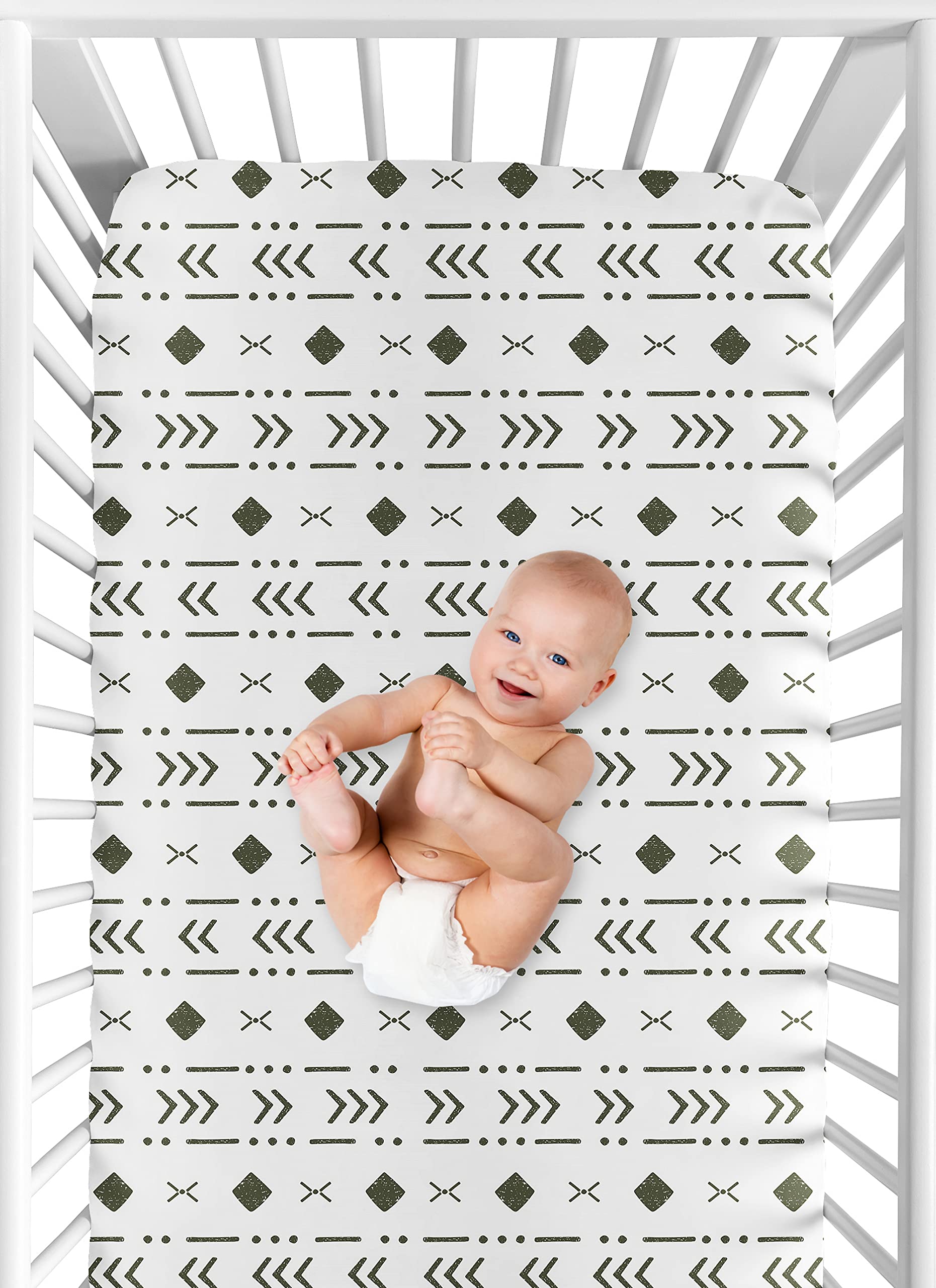 Sweet Jojo Designs White and Hunter Green Boho Tribal Mudcloth Boy or Girl Fitted Crib Sheet Baby or Toddler Bed Nursery - Woodland Bohemian Southwest Geometric Arrow Gender Neutral Aztec Mud Cloth