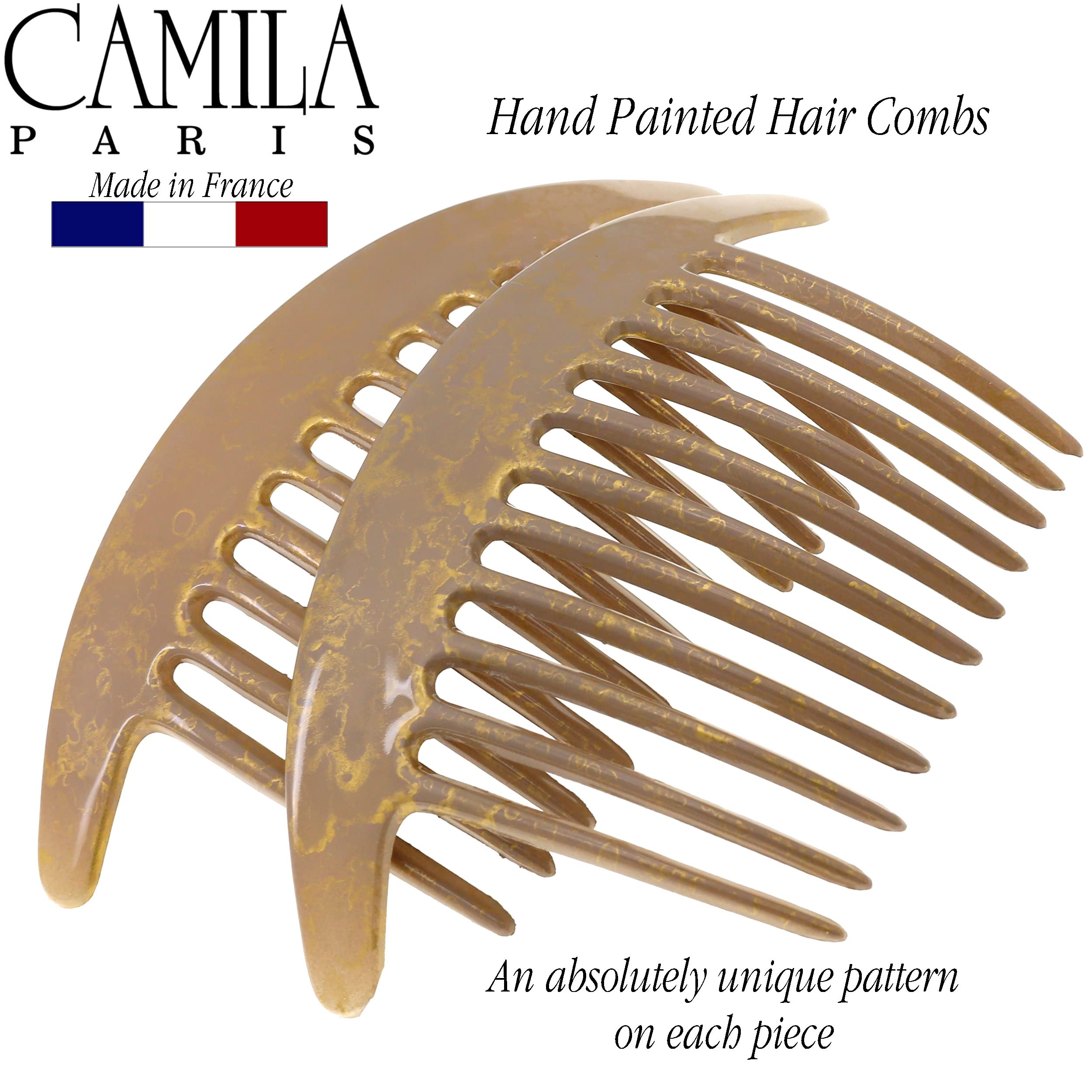 Camila Paris CP2941 French Hair Side Combs, Beige Pearl Interlocking Combs French Twist Hair Combs, Strong Hold Hair Clips for Women Bun Chignon Up-Do, Styling Girls Hair Accessories, Made in France