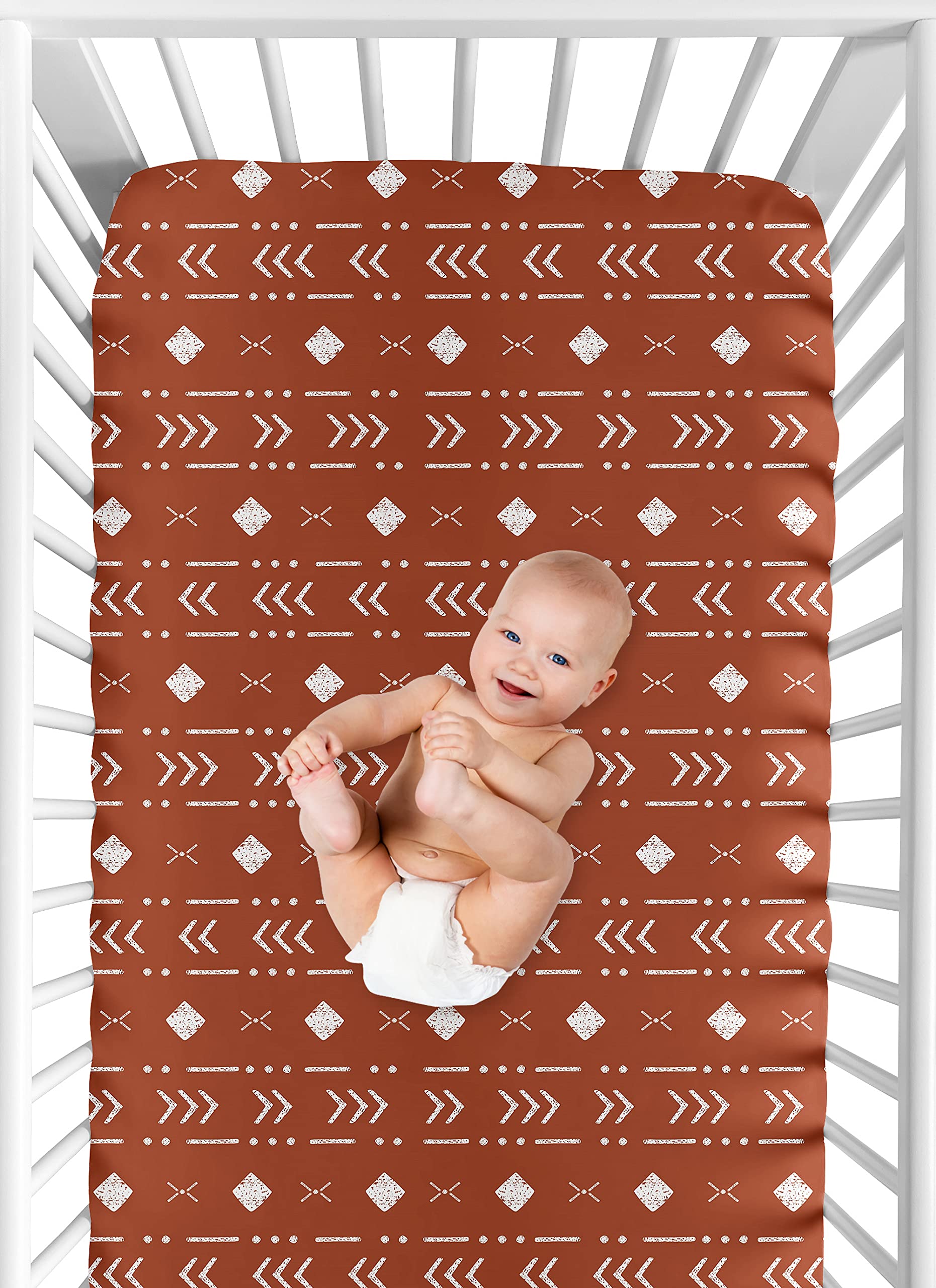 Sweet Jojo Designs Rust White Boho Tribal Mudcloth Boy or Girl Fitted Crib Sheet Baby or Toddler Bed Nursery - Orange Woodland Bohemian Southwest Geometric Arrow Gender Neutral Aztec Mud Cloth