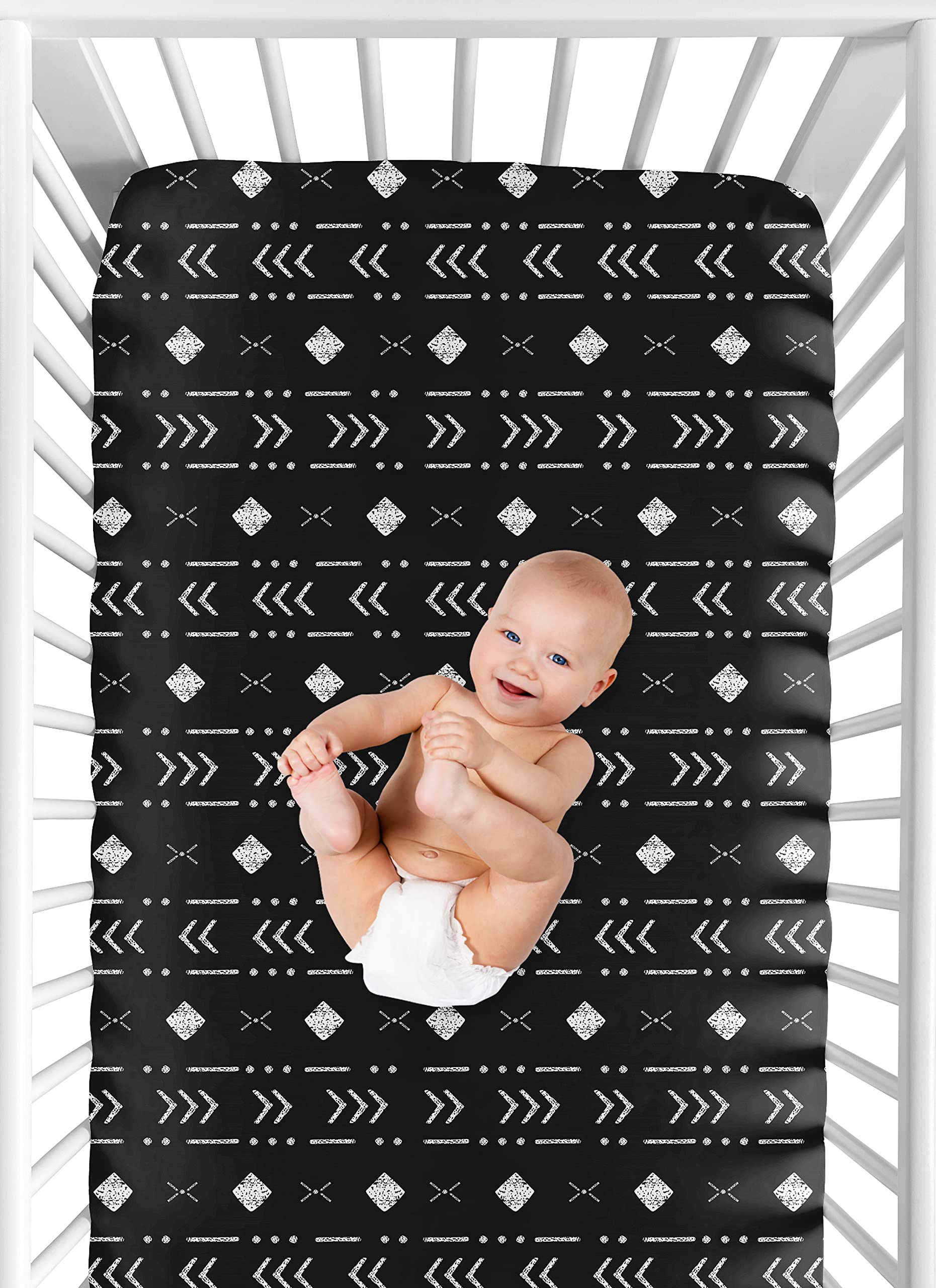 Sweet Jojo Designs Black and White Boho Mudcloth Boy Girl Fitted Crib Sheet Baby or Toddler Bed Nursery - White Black Woodland Bohemian Tribal Southwest Geometric Arrow Gender Neutral Aztec Mud Cloth