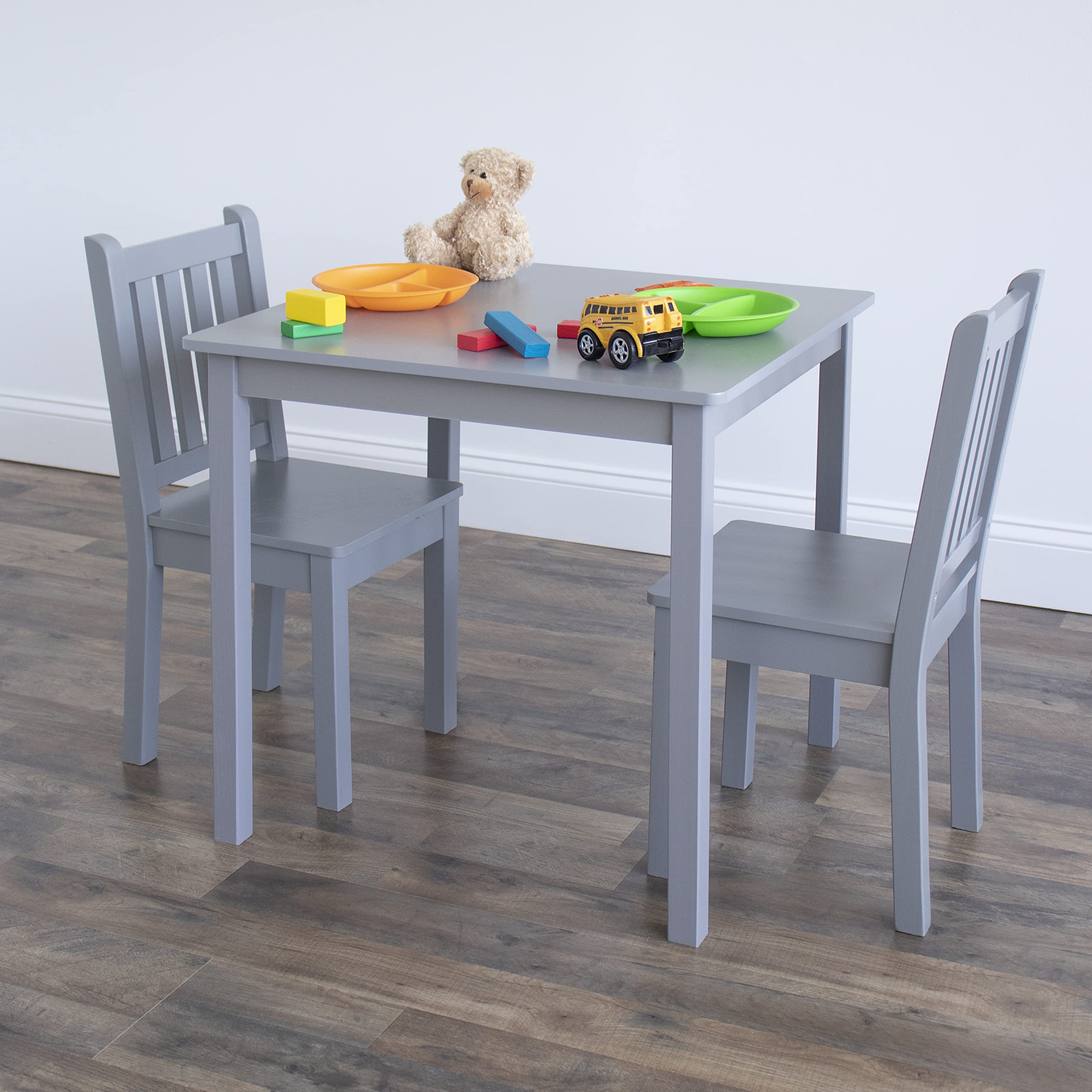 Humble Crew Grey Kids Wood Table, 2 Chairs and 4 Tier Book Rack Set