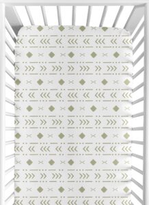 sweet jojo designs white sage boho tribal mudcloth boy girl fitted crib sheet baby or toddler bed nursery - green woodland bohemian southwest geometric arrow gender neutral aztec mud cloth