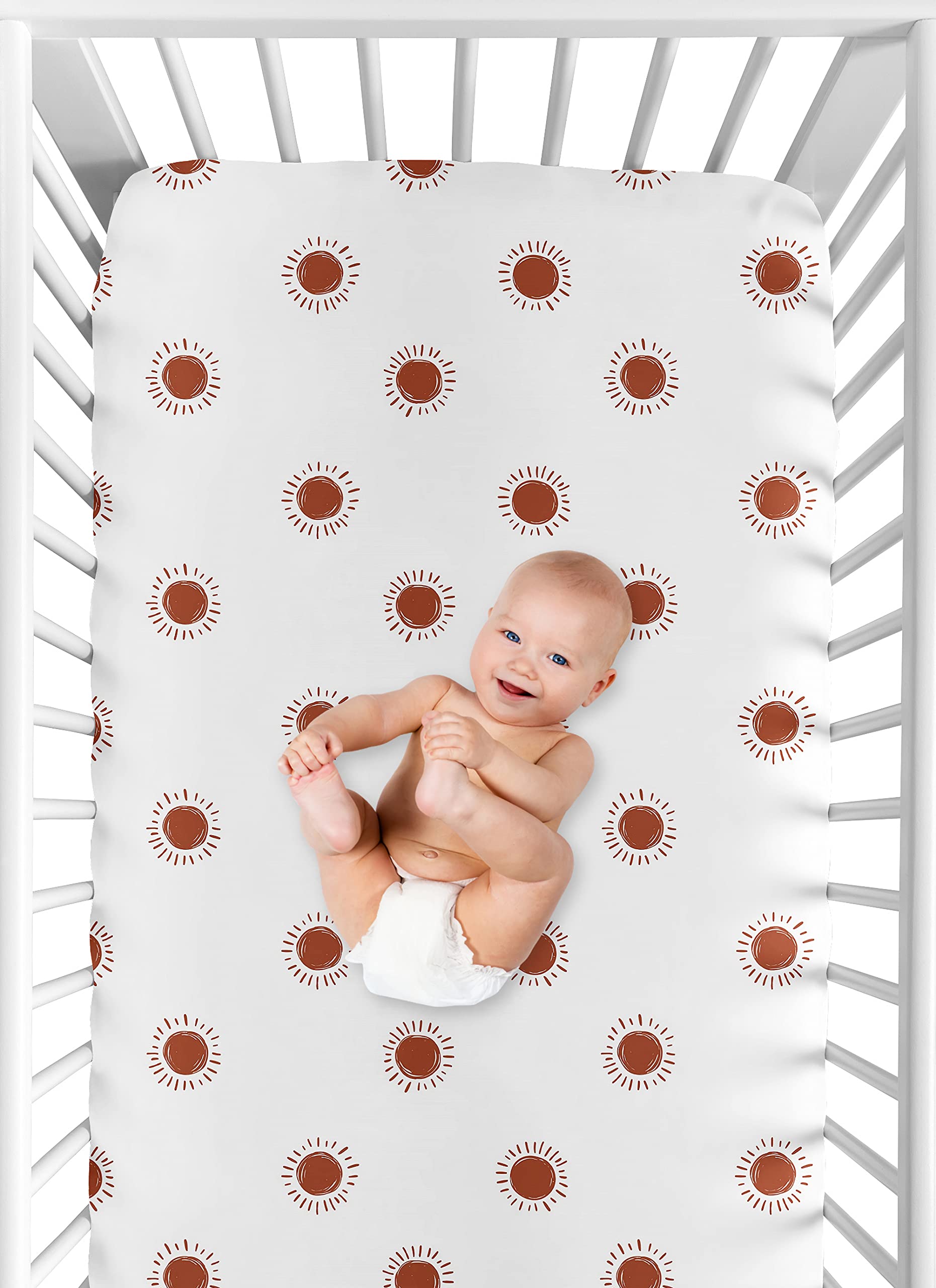 Sweet Jojo Designs White and Rust Boho Sun Boy or Girl Fitted Crib Sheet Baby or Toddler Bed Nursery - Orange Bohemian Celestial Sky Desert Sunshine Outdoors Nature Gender Neutral