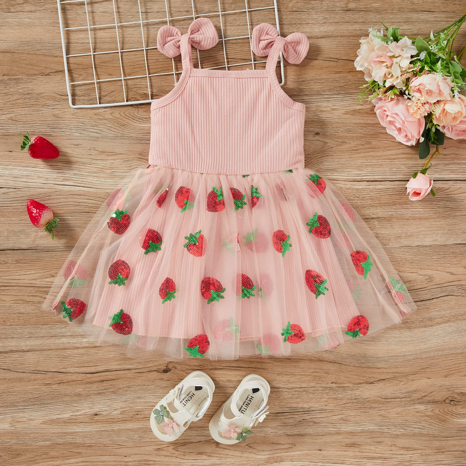 Toddler Baby Girl Dress Sleeveless Strap Knit Dress Daisy Tutu Dresses Princess Sundress (Pink Strawberry, 18M)