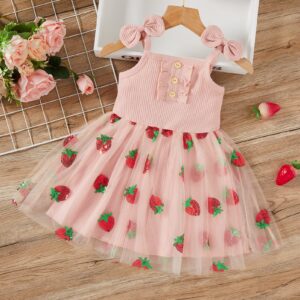 Toddler Baby Girl Dress Sleeveless Strap Knit Dress Daisy Tutu Dresses Princess Sundress (Pink Strawberry, 18M)