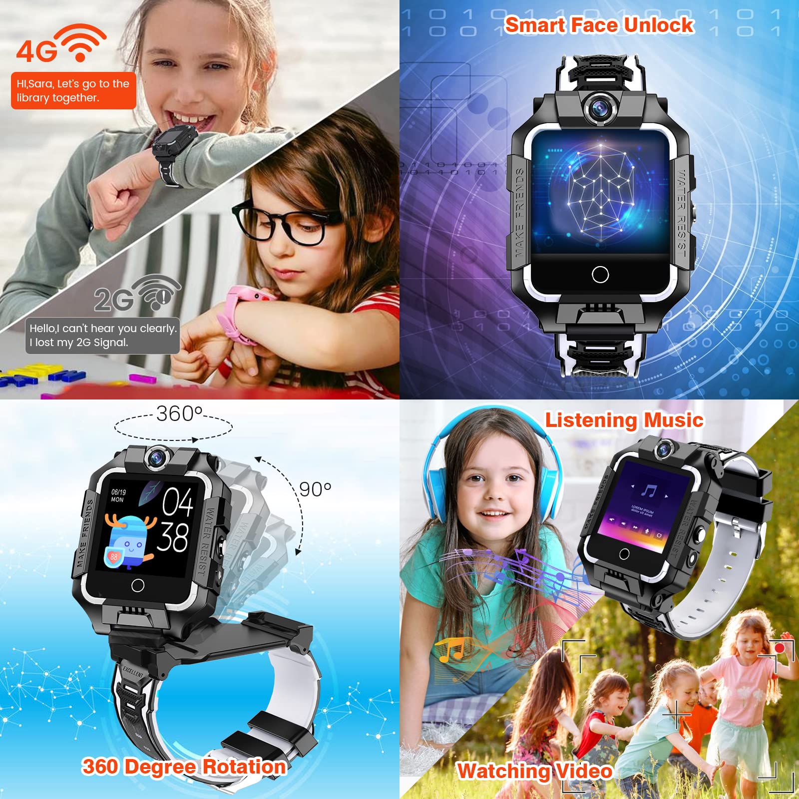 4G Smart watch for Kids, Phone Watch w GPS Tracker Watch 3-way Call Camera Video Chat Pedometer,SOS,1.4" Touch Screen WiFi Toddler Wrist Watch Boys Girls Smartphone for 3-15 Years Old Child (w SIM)