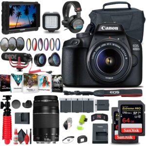 canon eos 4000d / rebel t100 dslr camera with 18-55mm lens + canon ef 75-300mm lens + 4k monitor + mic + headphones + 2 x 64gb memory card + color filter kit + case + more (renewed)