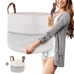 rerisen large cotton rope basket with handle, the blanket storage basket that can be placed in the living room or bedroom for storing pillows, babytoys, and blankets