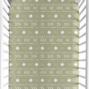 Sweet Jojo Designs Sage Green Boho Tribal Mudcloth Boy or Girl Fitted Crib Sheet Baby or Toddler Bed Nursery - White Woodland Bohemian Southwest Geometric Arrow Gender Neutral Aztec Mud Cloth