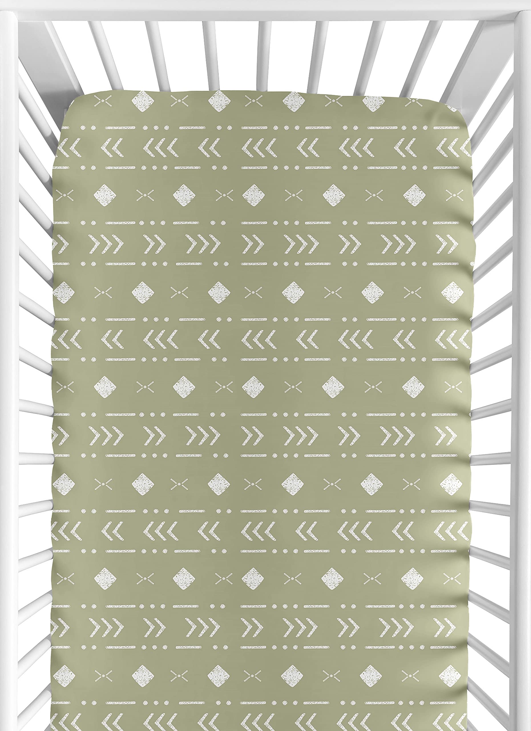 Sweet Jojo Designs Sage Green Boho Tribal Mudcloth Boy or Girl Fitted Crib Sheet Baby or Toddler Bed Nursery - White Woodland Bohemian Southwest Geometric Arrow Gender Neutral Aztec Mud Cloth