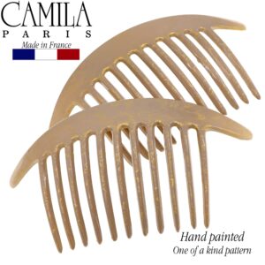 Camila Paris CP2941 French Hair Side Combs, Beige Pearl Interlocking Combs French Twist Hair Combs, Strong Hold Hair Clips for Women Bun Chignon Up-Do, Styling Girls Hair Accessories, Made in France