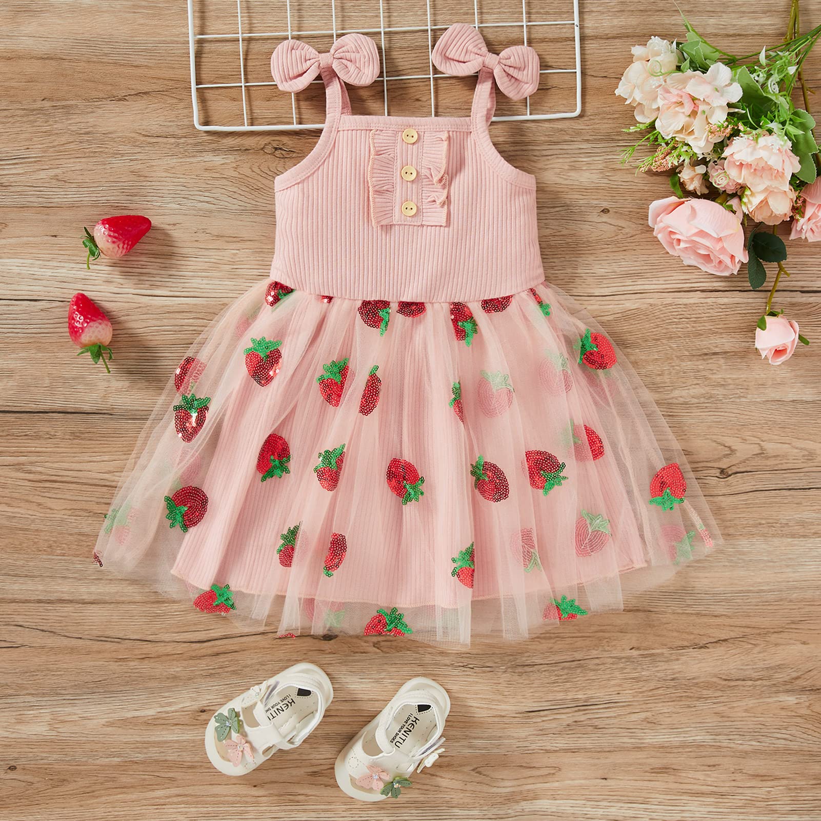 Toddler Baby Girl Dress Sleeveless Strap Knit Dress Daisy Tutu Dresses Princess Sundress (Pink Strawberry, 18M)