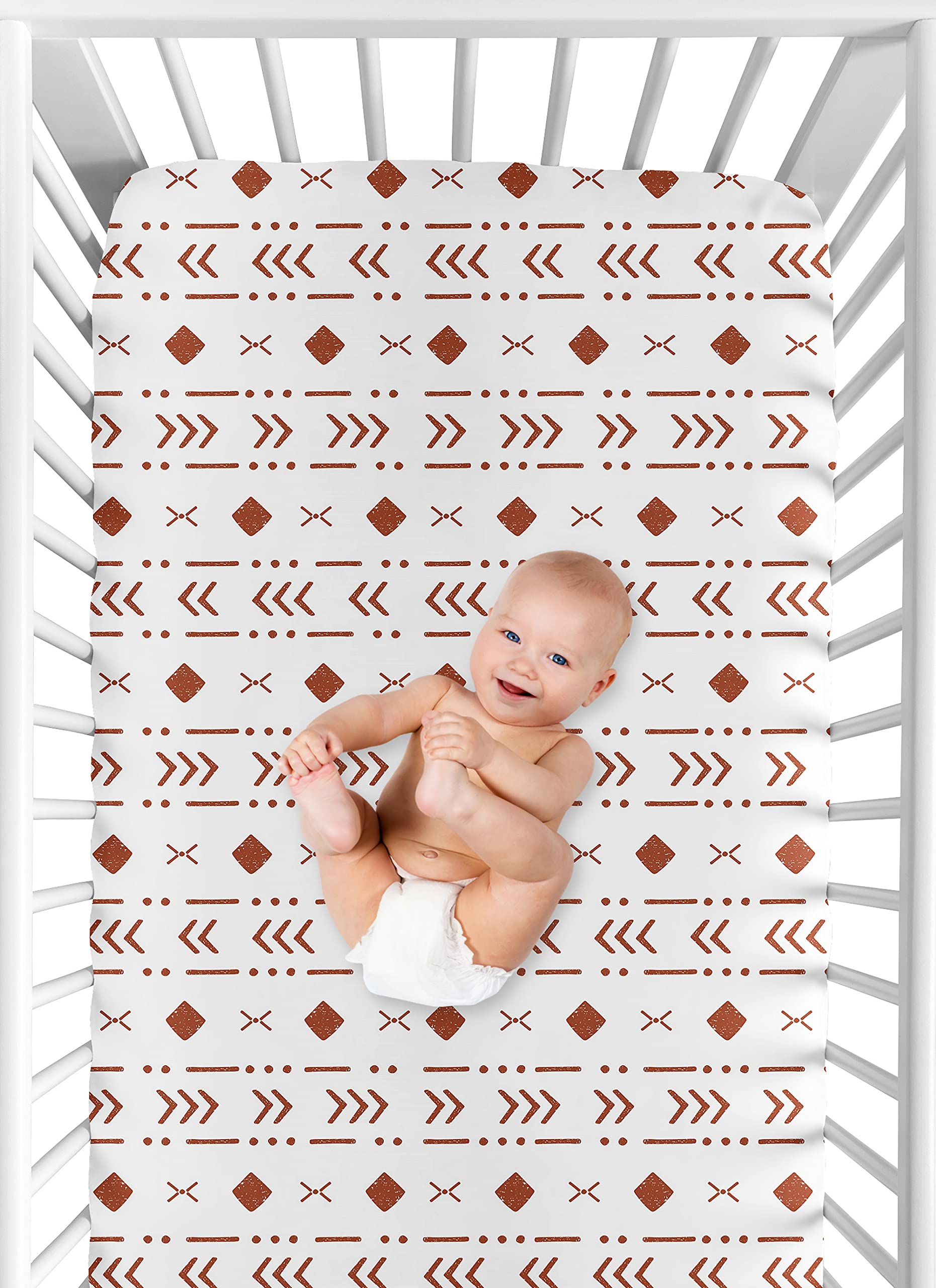 Sweet Jojo Designs White Rust Boho Tribal Mudcloth Boy Girl Fitted Crib Sheet Baby or Toddler Bed Nursery - Orange Woodland Bohemian Southwest Geometric Arrow Gender Neutral Aztec Mud Cloth