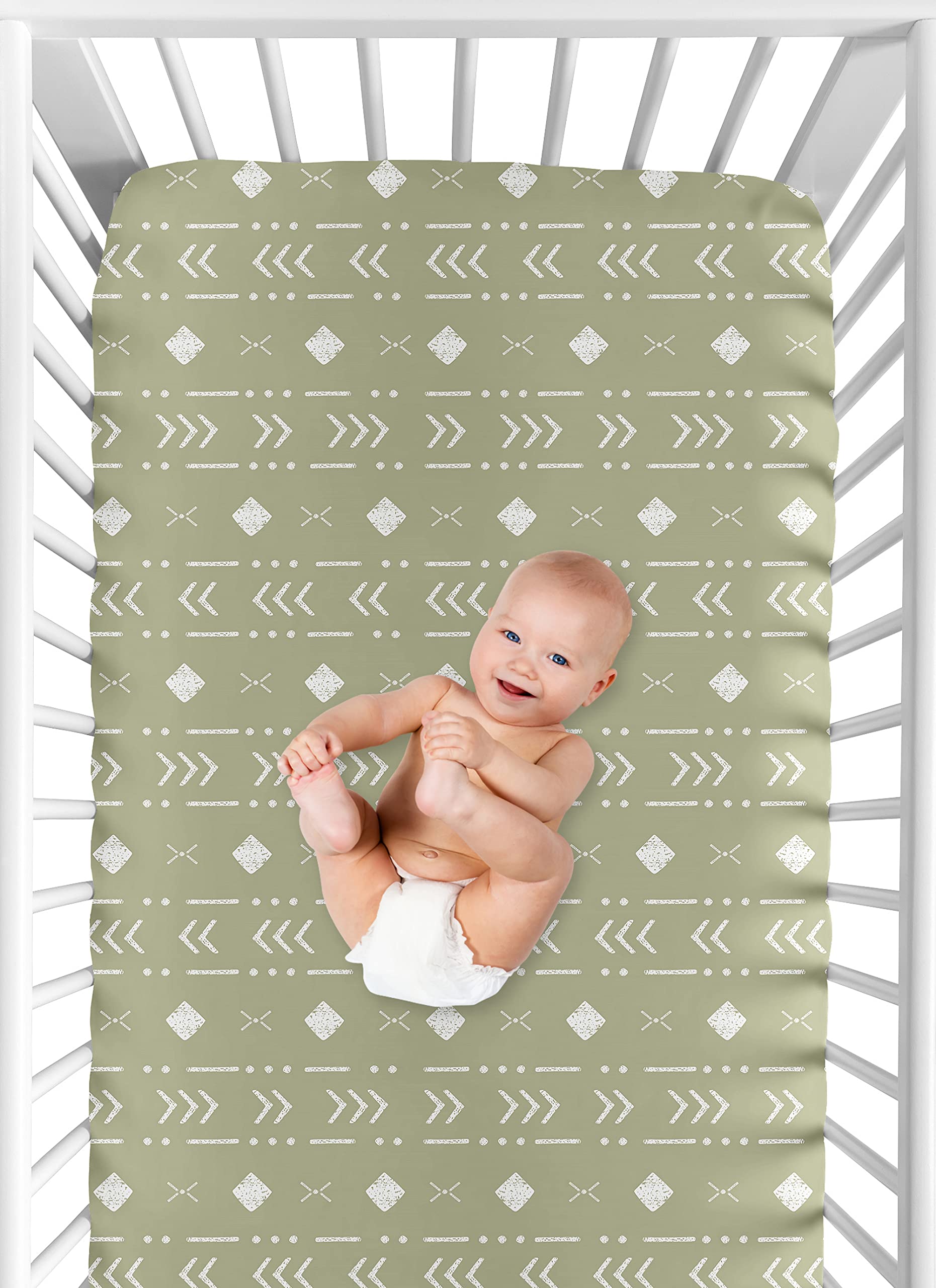 Sweet Jojo Designs Sage Green Boho Tribal Mudcloth Boy or Girl Fitted Crib Sheet Baby or Toddler Bed Nursery - White Woodland Bohemian Southwest Geometric Arrow Gender Neutral Aztec Mud Cloth