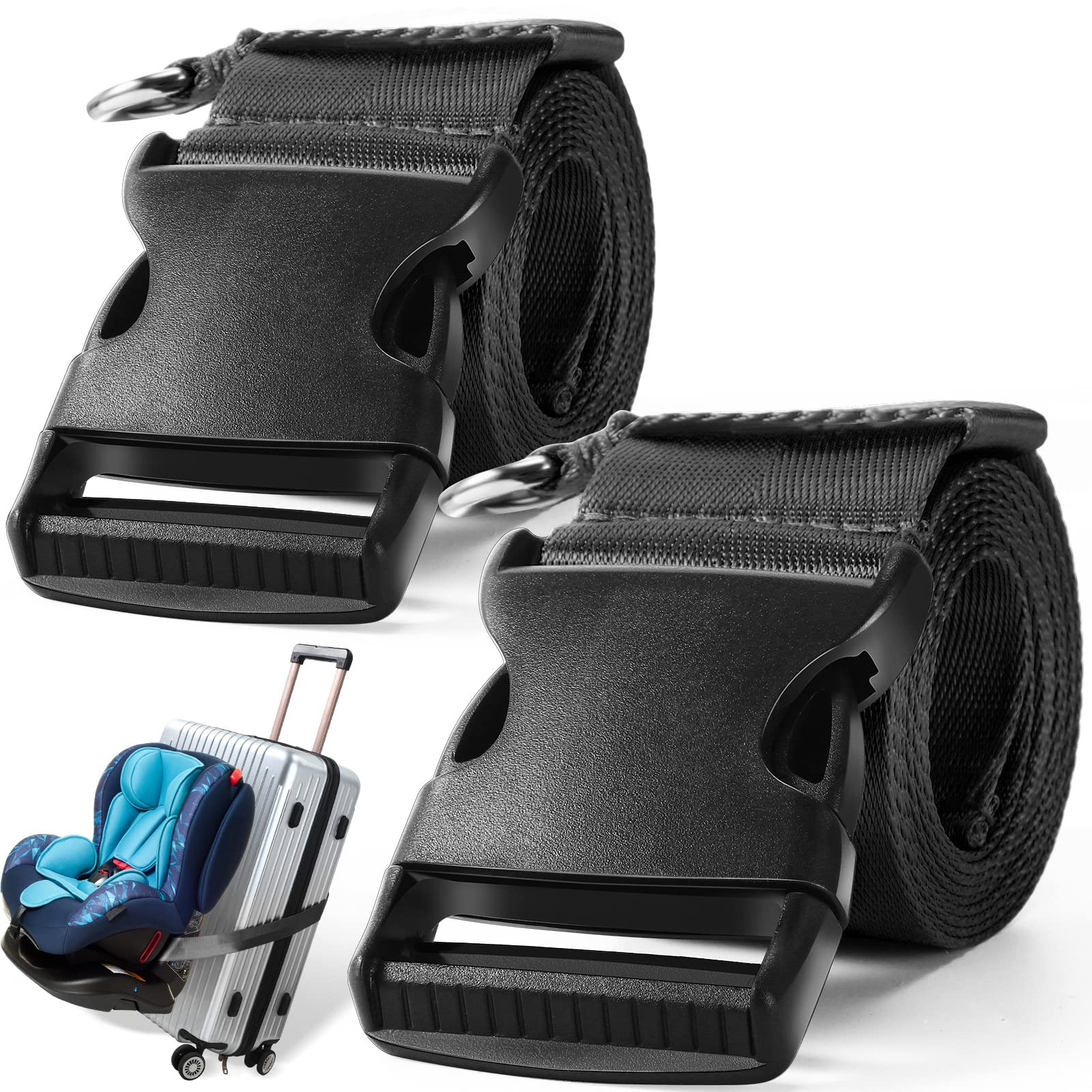 Riakrum 2 Pieces Car Seat Travel Belt, Adjustable Car Seat Travel Strap to Convert Kid Car Seat, Luggage into Airport Car Seat Stroller & Carrier Belt Safe Travel Solution (Black)