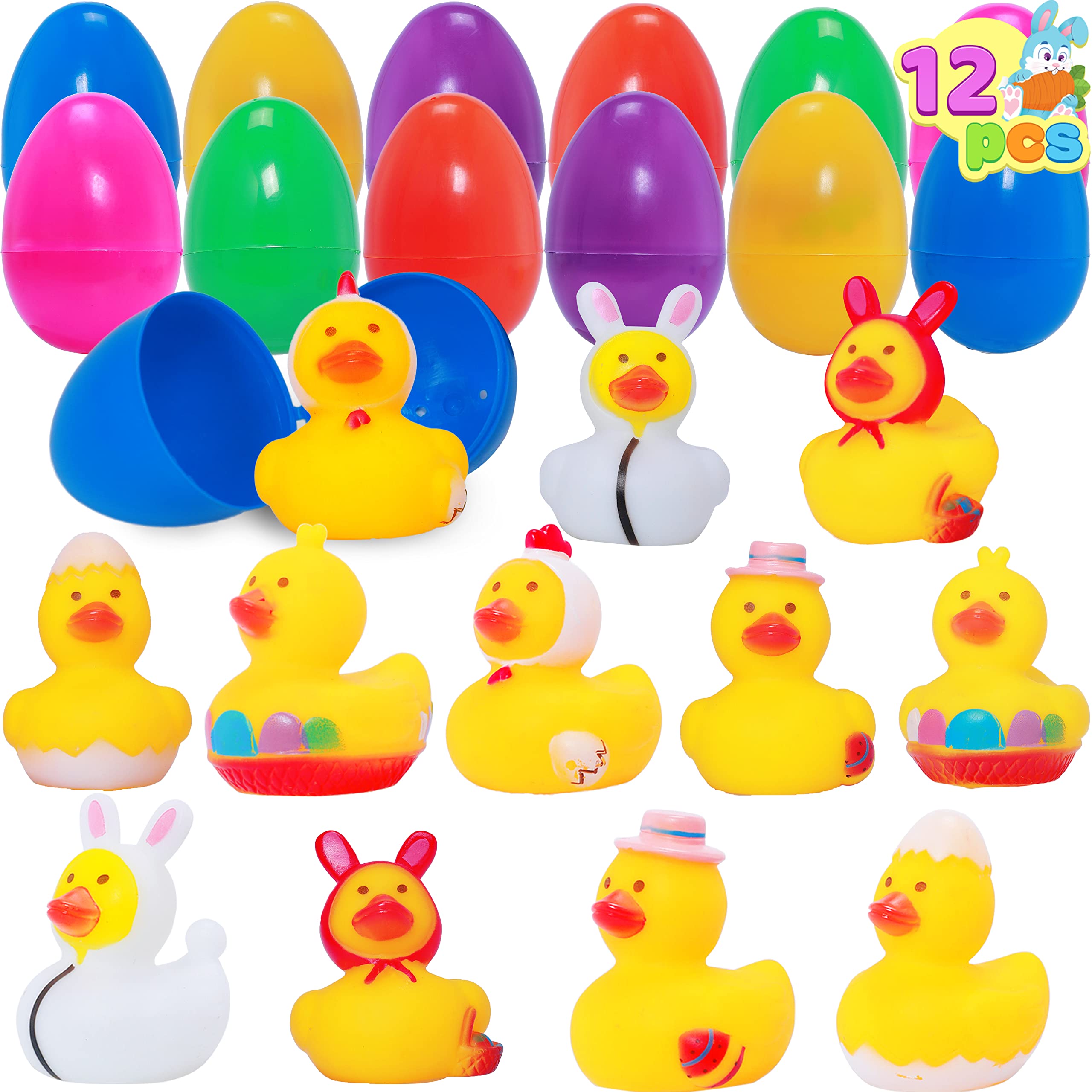 JOYIN 12 Packs Easter Egg Filled with Rubber Ducks, Eggs Hunt, Basket Stuffers Filler for Kids Party Favor Classroom Prize Supplies, Summer Beach, Pool Activity