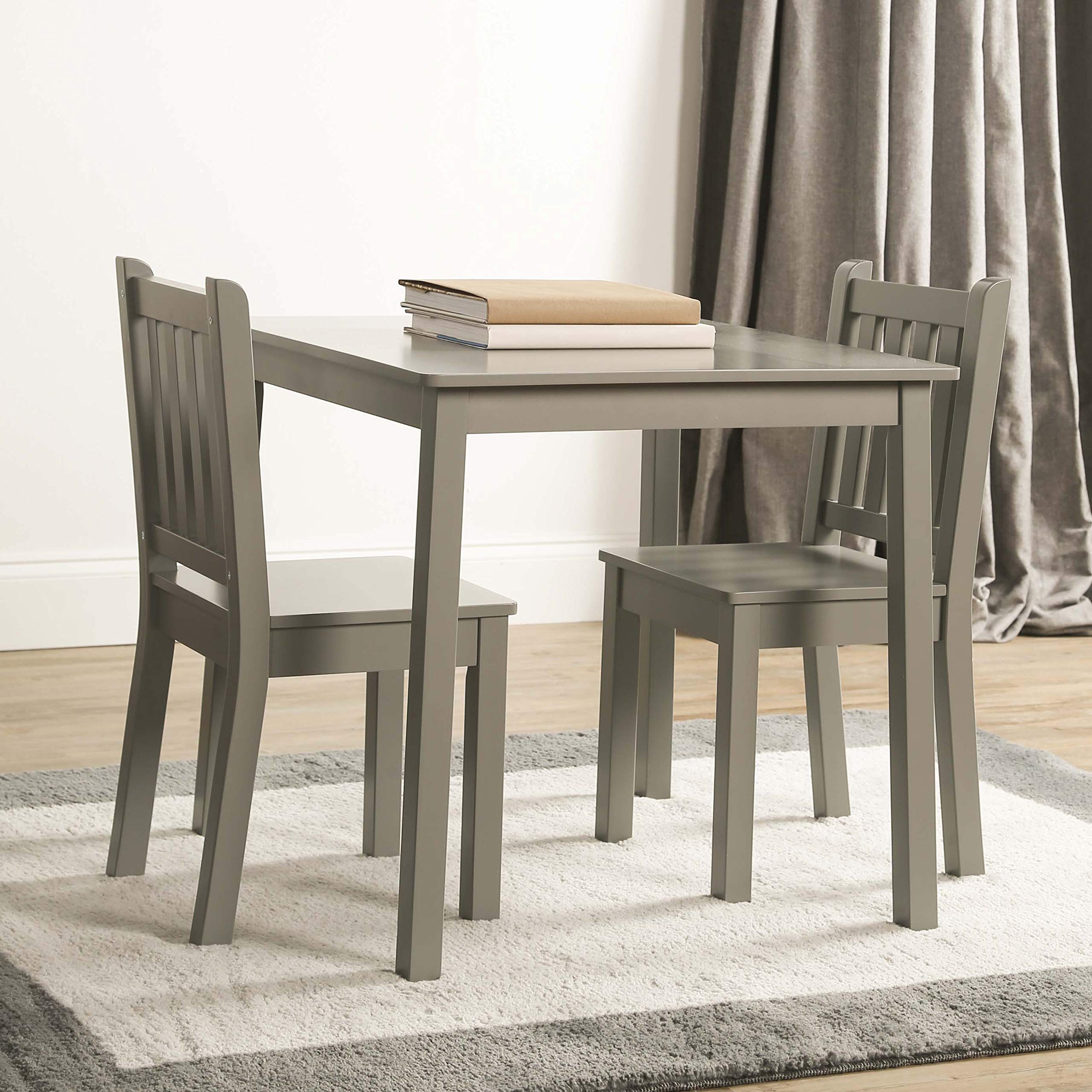 Humble Crew Grey Kids Wood Table, 2 Chairs and 4 Tier Book Rack Set