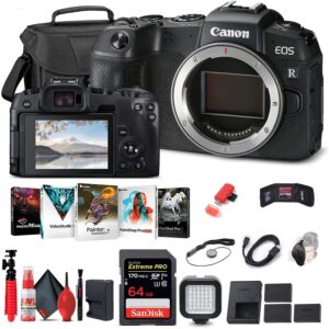 canon eos rp mirrorless digital camera (body only) (3380c002) + 64gb memory card + case + corel photo software + 2 x lpe17 battery + charger + card reader + led light + flex tripod + more (renewed)