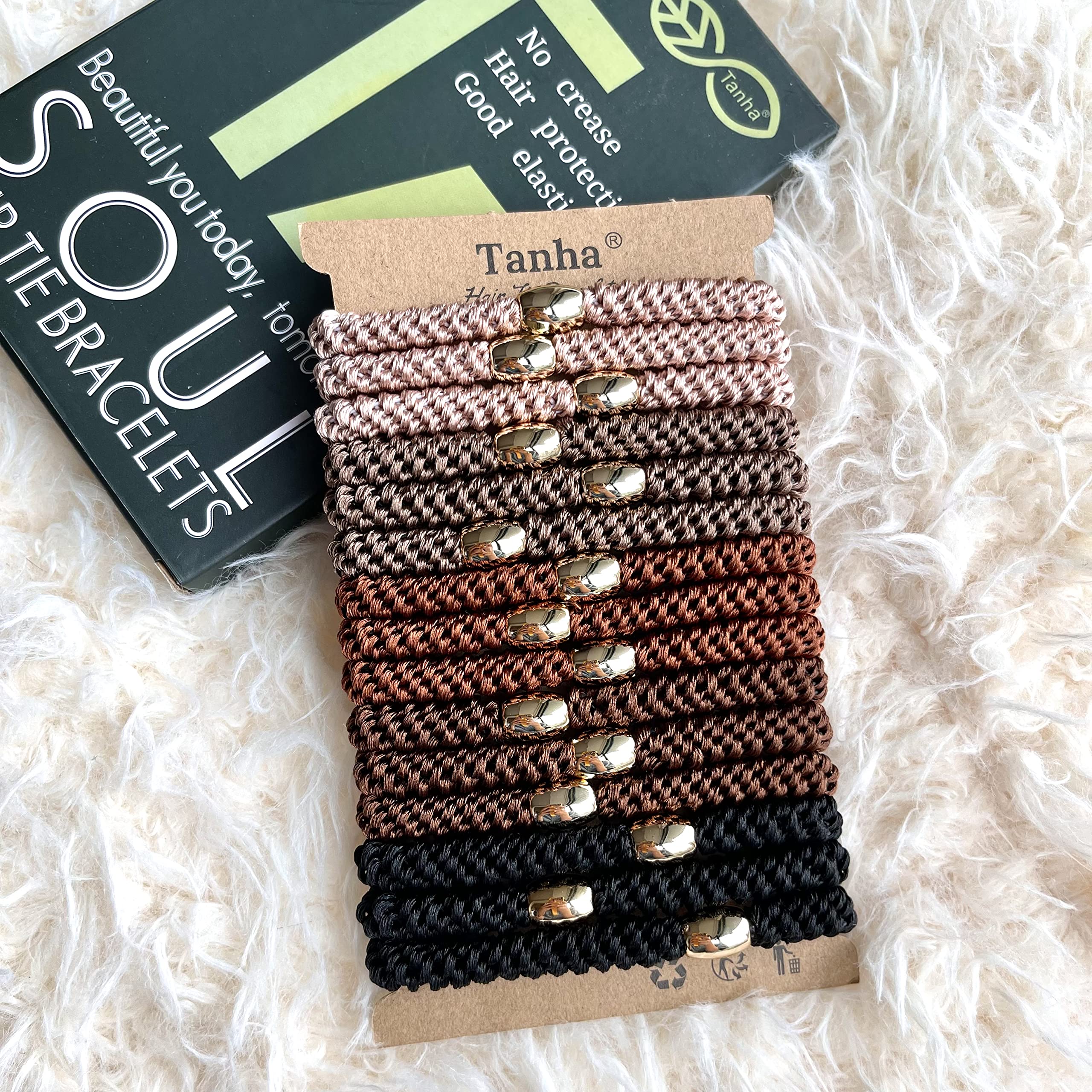 Tanha 15Pcs Hair Ties for Women, Hair Elastics for Thick Hair, Strong Stretchy Ponytail Holders, No Slip No Damage No Crease Hair Bands-Brown