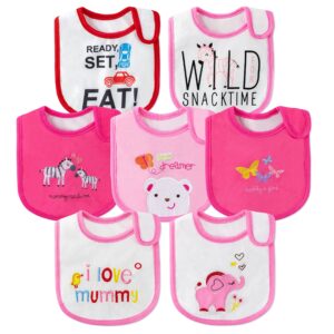 7pcs cotton waterproof baby bibs unisex pink newborn babies infant food bibs adjustable hook loop infant bibs baby shower keepsake gift for drooling feeding eating teething, 6-12 months