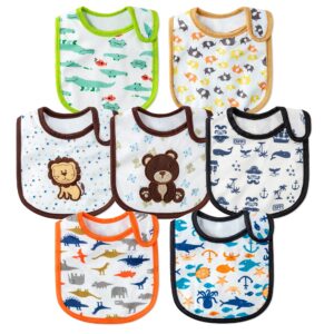 2ooya 7pcs waterproof cotton baby bibs adjustable hook loop closure infant bib unisex blue newborn babies infant food bibs keepsake baby gift for eating teething drooling feeding（6-12 months）