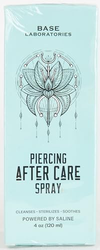 BASE LABORATORIES Piercing Aftercare Spray 4oz | Saline Spray for Piercings | Ear Piercing Cleaner Spray | Saline Solution for Piercings | Piercing & Keloid Bump Removal for Ears, Belly Nose Piercings