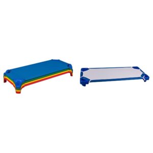 sprogs deluxe heavy-duty childrens standard 52" l stackable daycare cot, blue, green, red, yellow (pack of 4) & standard kids cot sheet for stackable cots for preschool daycare and child care