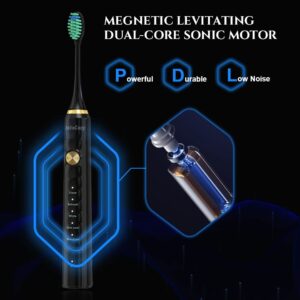 IntoCozy Sonic Electric Toothbrush Whitening Toothbrush with 2 Indicator Brush Heads for Adults and Teenagers, Wireless Charging, 5 Modes with Smart Timer, IPX7 Waterproof(Black)