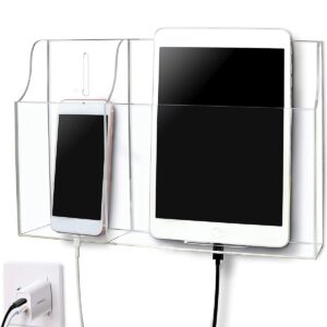 pansyling clear wall tablet holder acrylic wall mounted phone holder for ipad wall mount holder, remote control holder laptop stand for ereader wall storage caddy with charging holes for kindle iphone