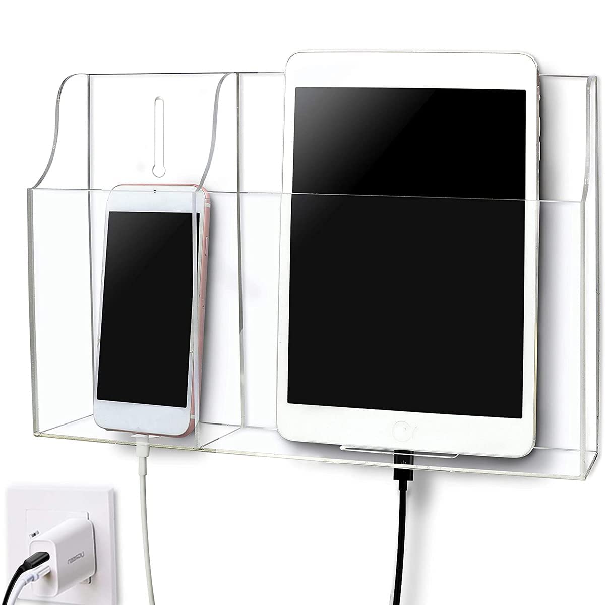 Pansyling Clear Wall Tablet Holder Acrylic Wall Mounted Phone Holder for iPad Wall Mount Holder, Remote Control Holder Laptop Stand for eReader Wall Storage Caddy with Charging Holes for Kindle iPhone