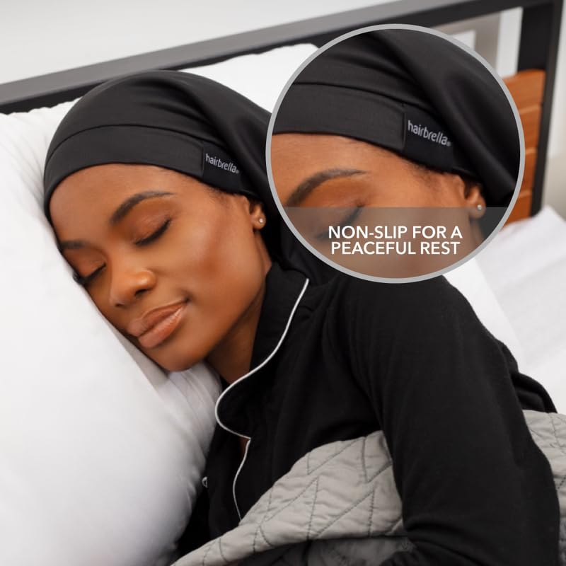 Hairbrella Satin Lined Adjustable Sleep Cap - Sleeping Caps for Women to Protect Hair, Satin Band Edge, Silk Bonnet Black