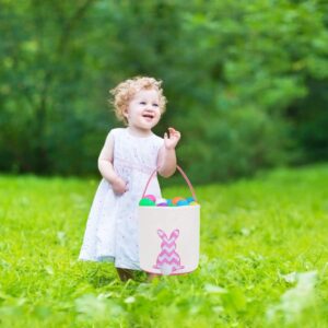 Poptrend Easter Basket Bags,Pink stripes Easter Eggs/Gift Baskets for Kids,Bunny Tote Bag Bucket for Easter Eggs,Toys, Candy,Gifts (Pink stripes)