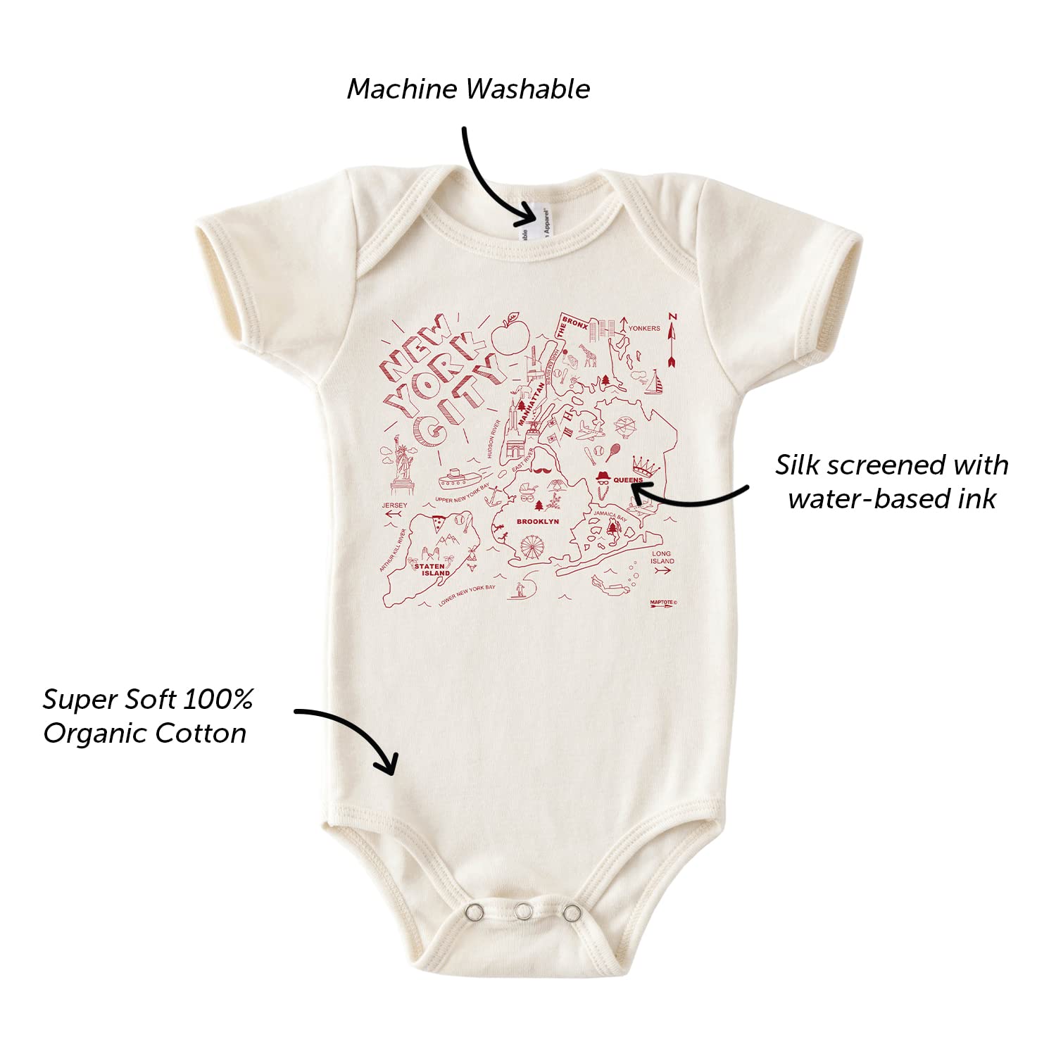 MAPTOTE Map One Piece - Unisex Baby Organic Cotton Short Sleeve Bodysuits - Brooklyn, 3-6 Months