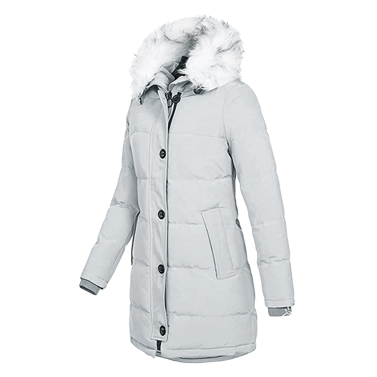 Women's Down Coat With Fur Winter Warm Inside Fleece Padded Hooded Parka Coat Puffer Jacket Slim Zipper Hoodie Jacket (Gray, XL)