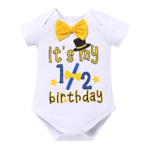 It's My 1/2 Birthday Cake Smash Outfit for Baby Boy Half 6 Months Party Photo Shooting Set Bow Tie Cotton Short Sleeve Romper Y-back Suspenders Diaper Cover Shorts Pants Crown Headband 4pcs Royal Blue