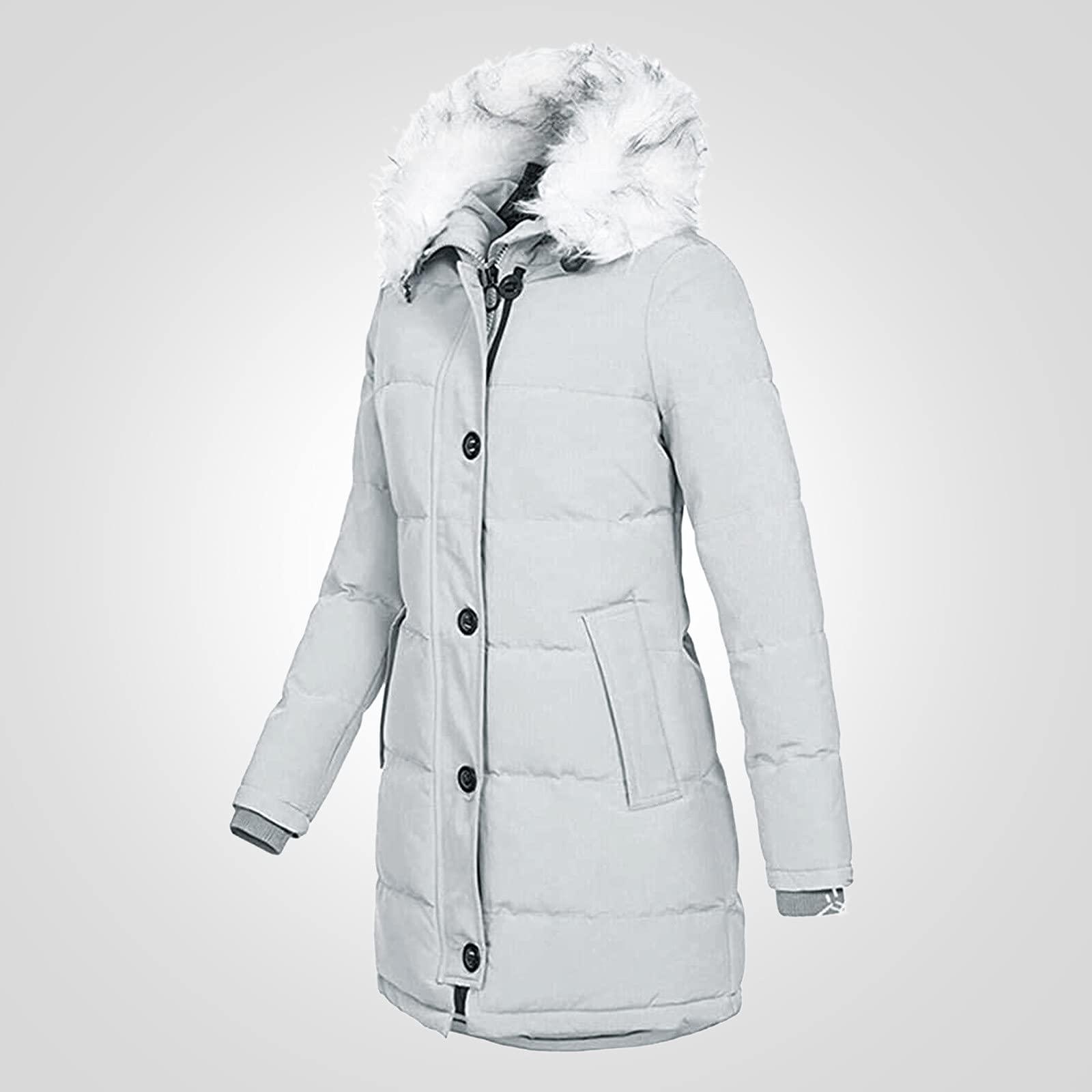 Women's Down Coat With Fur Winter Warm Inside Fleece Padded Hooded Parka Coat Puffer Jacket Slim Zipper Hoodie Jacket (Gray, XL)