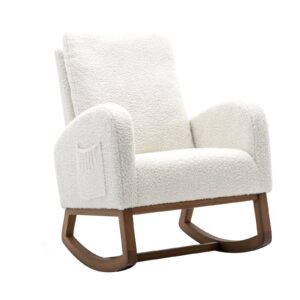 dolonm rocking chair mid-century modern nursery rocking armchair upholstered tall back accent glider rocker for living room (white)