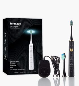 intocozy sonic electric toothbrush whitening toothbrush with 2 indicator brush heads for adults and teenagers, wireless charging, 5 modes with smart timer, ipx7 waterproof(black)