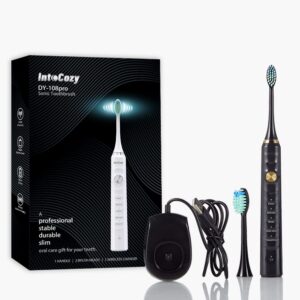 IntoCozy Sonic Electric Toothbrush Whitening Toothbrush with 2 Indicator Brush Heads for Adults and Teenagers, Wireless Charging, 5 Modes with Smart Timer, IPX7 Waterproof(Black)