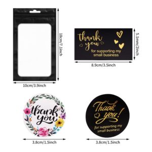 1130pcs Thank You Cards and Stickers Set,100pcs Gold Foil Thank You for Supporting My Business Cards 1000 Thank You Stickers Label Roll with Packaging Bag for Business Greeting(Black)