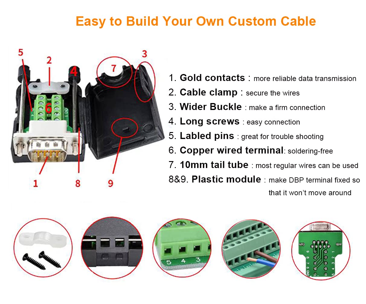 DTech DB9 Breakout Connector, Male RS232 Serial Adapter, Solderless Module Board with Screw Terminals, Case, Long Bolts, Tail Pipes