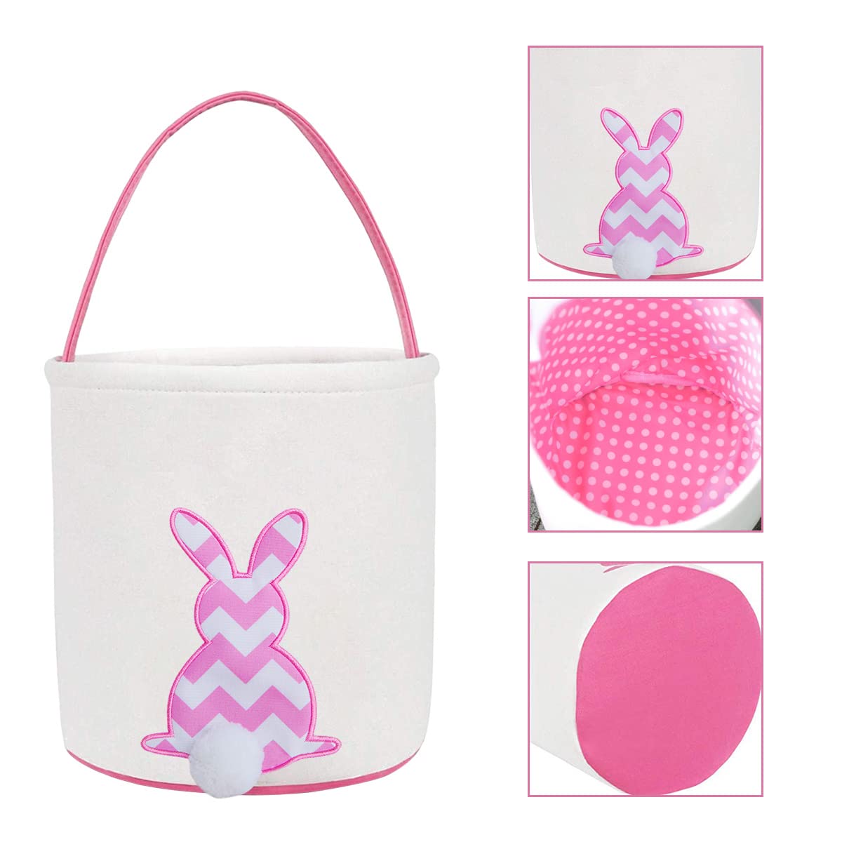 Poptrend Easter Basket Bags,Pink stripes Easter Eggs/Gift Baskets for Kids,Bunny Tote Bag Bucket for Easter Eggs,Toys, Candy,Gifts (Pink stripes)