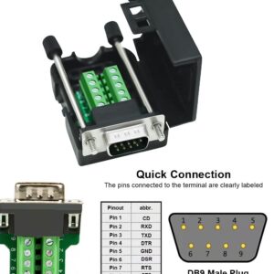 DTech DB9 Breakout Connector, Male RS232 Serial Adapter, Solderless Module Board with Screw Terminals, Case, Long Bolts, Tail Pipes